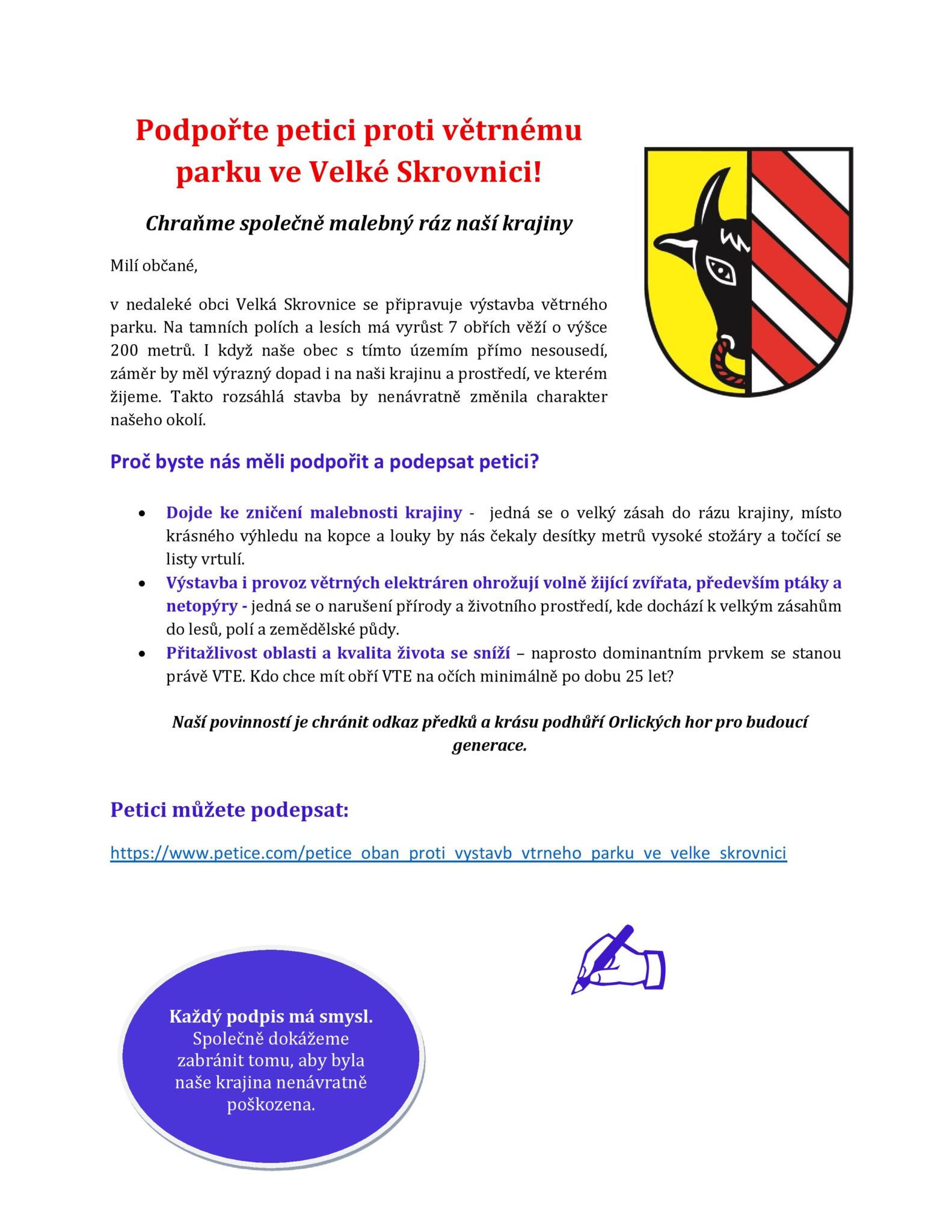 Podpora petice proti VTE – Obec Potštejn